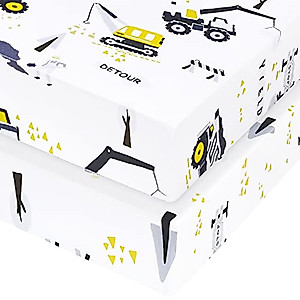 PHF 100% Cotton Crib Sheets Fitted 2 Pack, Soft Breathable Comfortable Baby Sheet Set for Boys Girls, Premium Crib Sheets Fits Standard Crib and Toddler Mattress 28in x 52in, Construction Cars