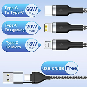 100W USB C Multi Fast Charging Cable, 6FT 6A USB C/A to Multi Charging Cable, 5 in 1 Braided Multi Charging Cable with Lightning/Type C/Micro USB Universal Sync Charger Adapter forPhone