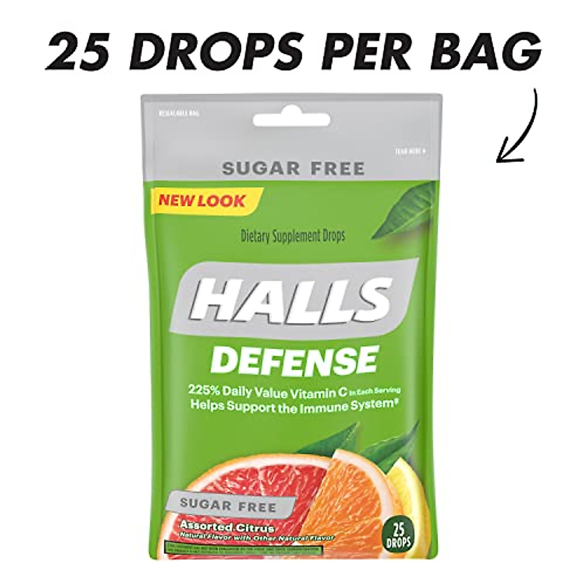 HALLS Defense Assorted Citrus Sugar Free Vitamin C Drops, Dietary Supplement Drops, 12 Bags of 25 Drops (300 Total Drops)