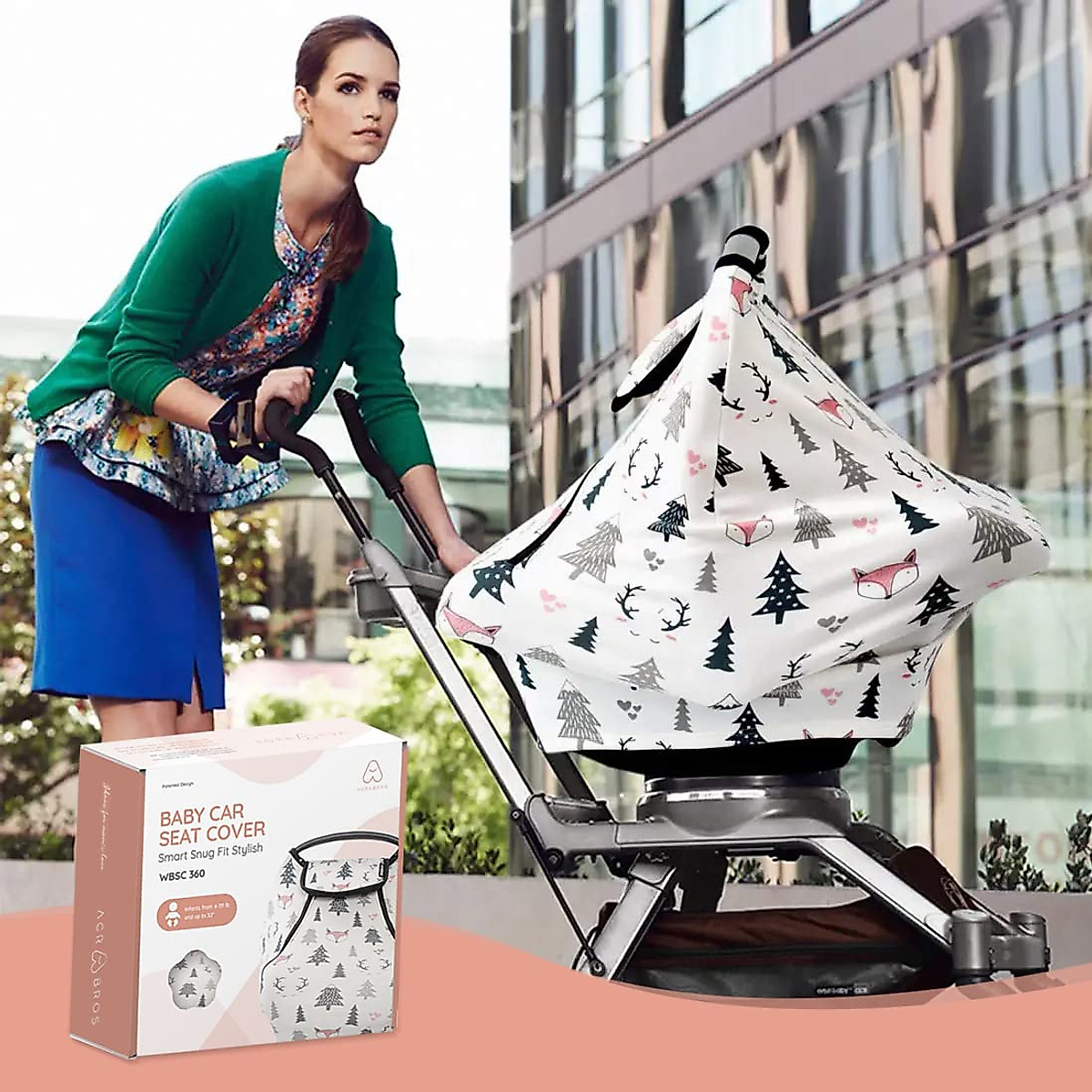 Stretchy Baby Car Seat Covers for Boys Girls, Infant Car Canopy for Spring Autumn Winter, Snug Warm Breathable, Zipped Window,Universal Fit,Forest Fox