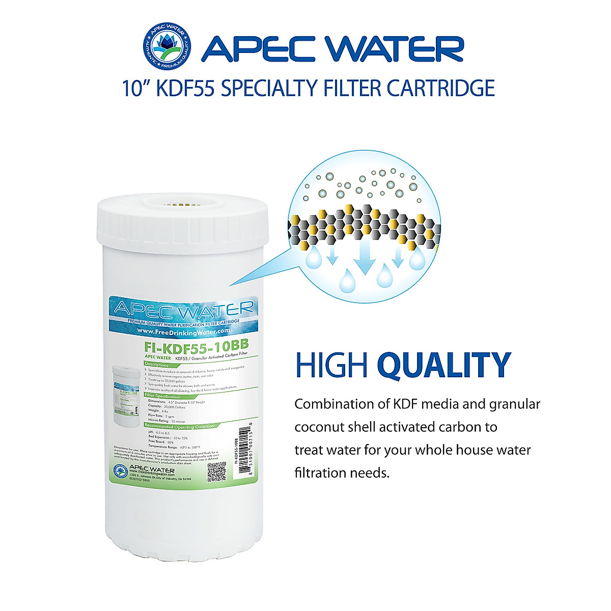 APEC Water US Made Whole House Heavy Metals Removal KDF55 / GAC Carbon Filter 4.5" x 10" (FI-KDF55-10BB)