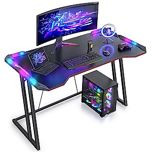 CubiCubi Gaming Desk with LED Lights, 47 Inch Z Shaped Gamer Desk, Home Game Computer Desk with Carbon Fiber Surface, Ergonomic Office PC Workstation with Cable Management, Black