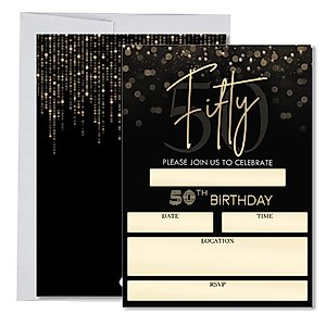 50th Birthday Party Invitations for Women and Men, Black and Gold Fiftieth Birthday Decoration and Supplies, 20 Fill-In Invites + Envelopes