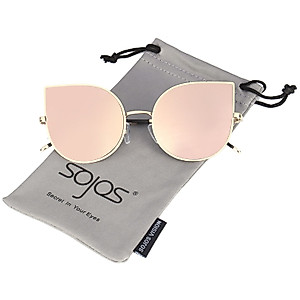 SOJOS Cat Eye Mirrored Flat Lenses Ultra Thin Light Metal Frame Women Sunglasses SJ1022 with Gold Frame/Pink Mirrored Lens