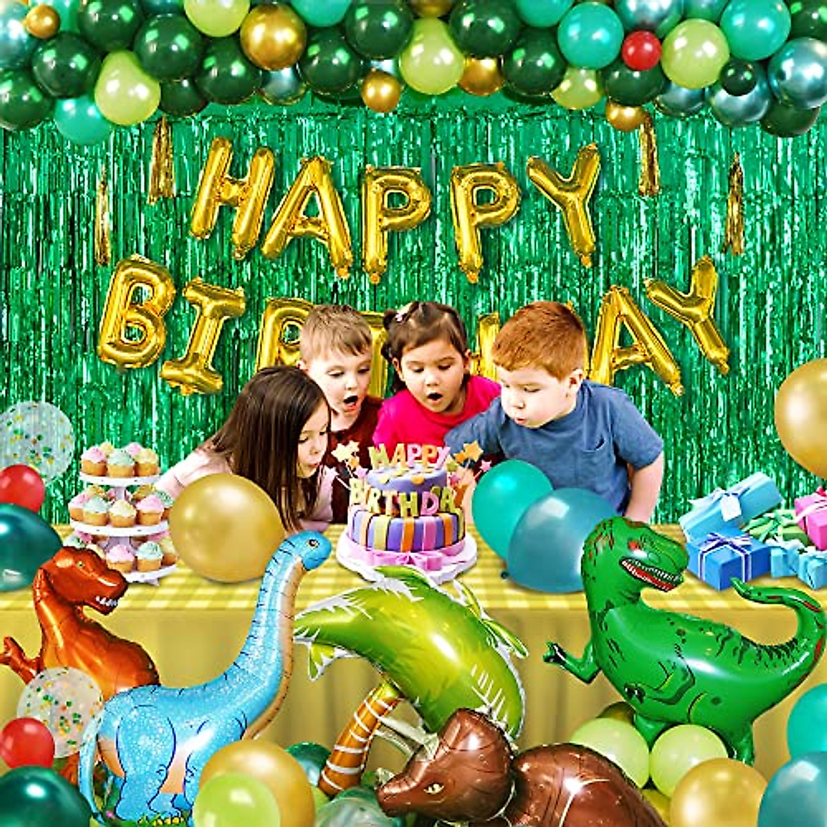 Partyville (US BASED COMPANY) Dinosaur Party Decorations With Balloons Arch Garland Kit - HAPPY BIRTHDAY And Dinosaur Balloons With Balloon Pump, Dino Themed Kid's Party Decor - Shimmer Backdrop