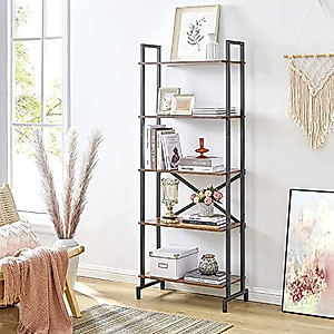 Hoctieon 5 Tier Bookshelf, Tall Bookcase Shelf Storage Organizer, Vintage Wood Open Shelves, Utility Organizer Shelves for Home Office, Living Room, Bedroom, Kitchen, Bathroom, Rustic Brown
