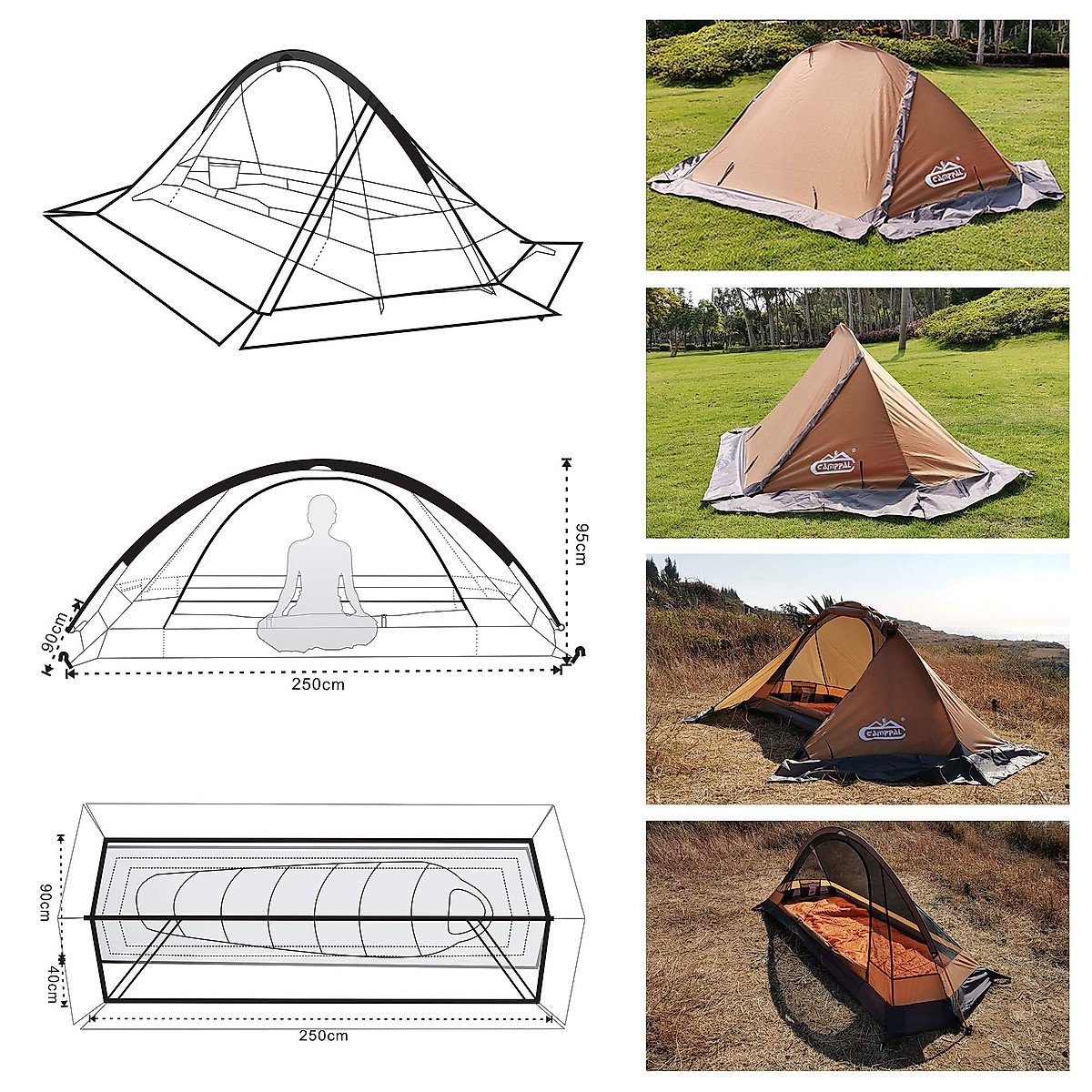 camppal 1 Person Tent Backpacking Camping Hiking Mountain Hunting Tent Lightweight and Waterproof for 4 Season Extreme Space Saving Single Bracket (Khaki-with skirt)