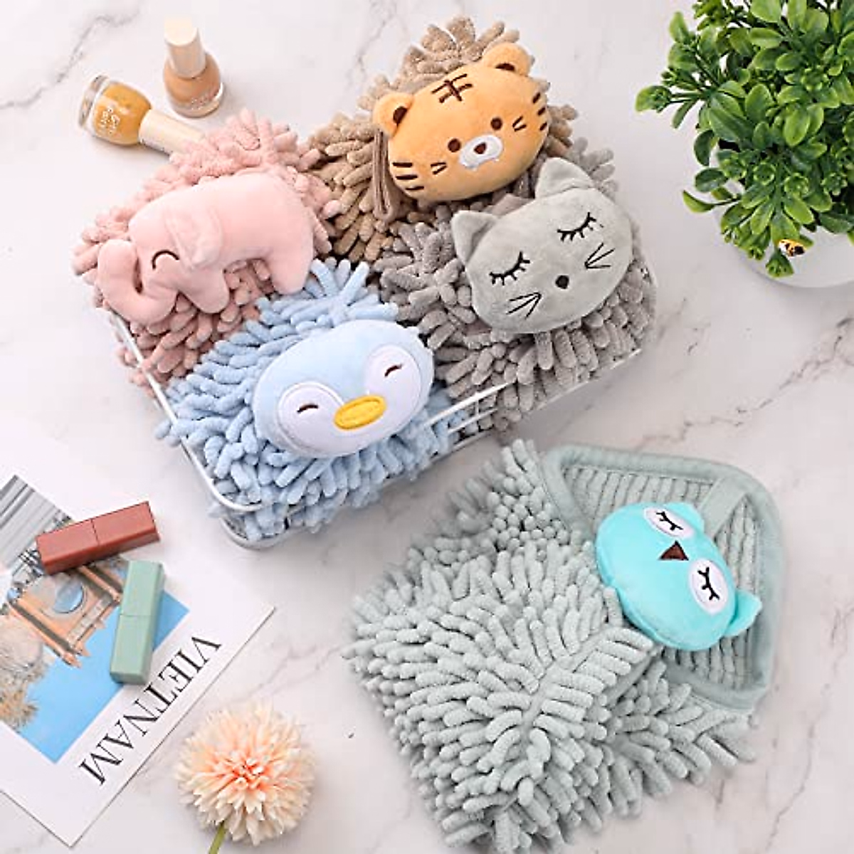 9 Pack Cute Chenille Soft Hanging Hand Towels, Funny Cartoon Animal Hand Towel with Hanging Loop, Kids Hand Towel Set Absorbent Thick Kitchen Bathroom Towels Bulk, 5 Colors
