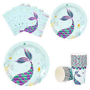 WERNNSAI Mermaid Party Supplies Set - Mermaid Party Tableware Kit Include Dinner Dessert Plates Cups Napkins for Girls Birthday Baby Shower Disposable Mermaid Dinnerware Pack Serves 16 Guests 64PCS