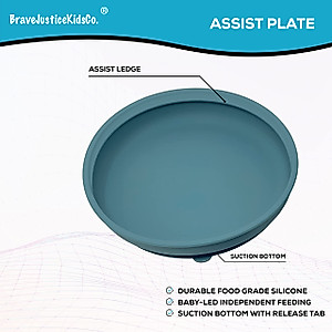 BraveJusticeKidsCo. | Silicone Assist Plate and Assist Bowl Combo Pack for Toddler and Baby | Suction Bowl and Plate| Baby-Led Feeding (Citadel)