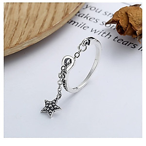 NewZenro Vintage Star Chain Tassel Asymmetric Tiny Open Rings Dainty 925 Sterling Silver Adjustable Small Thin Statement Finger Rings Minimalist Charm Dangle Expandable Knuckle Rings for Women Bff