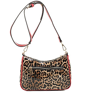 Patent Vegan Leather Womens Girls Leopard Print Retro Vintage Chain Shoulder Bag Crossbody Purse (Red)