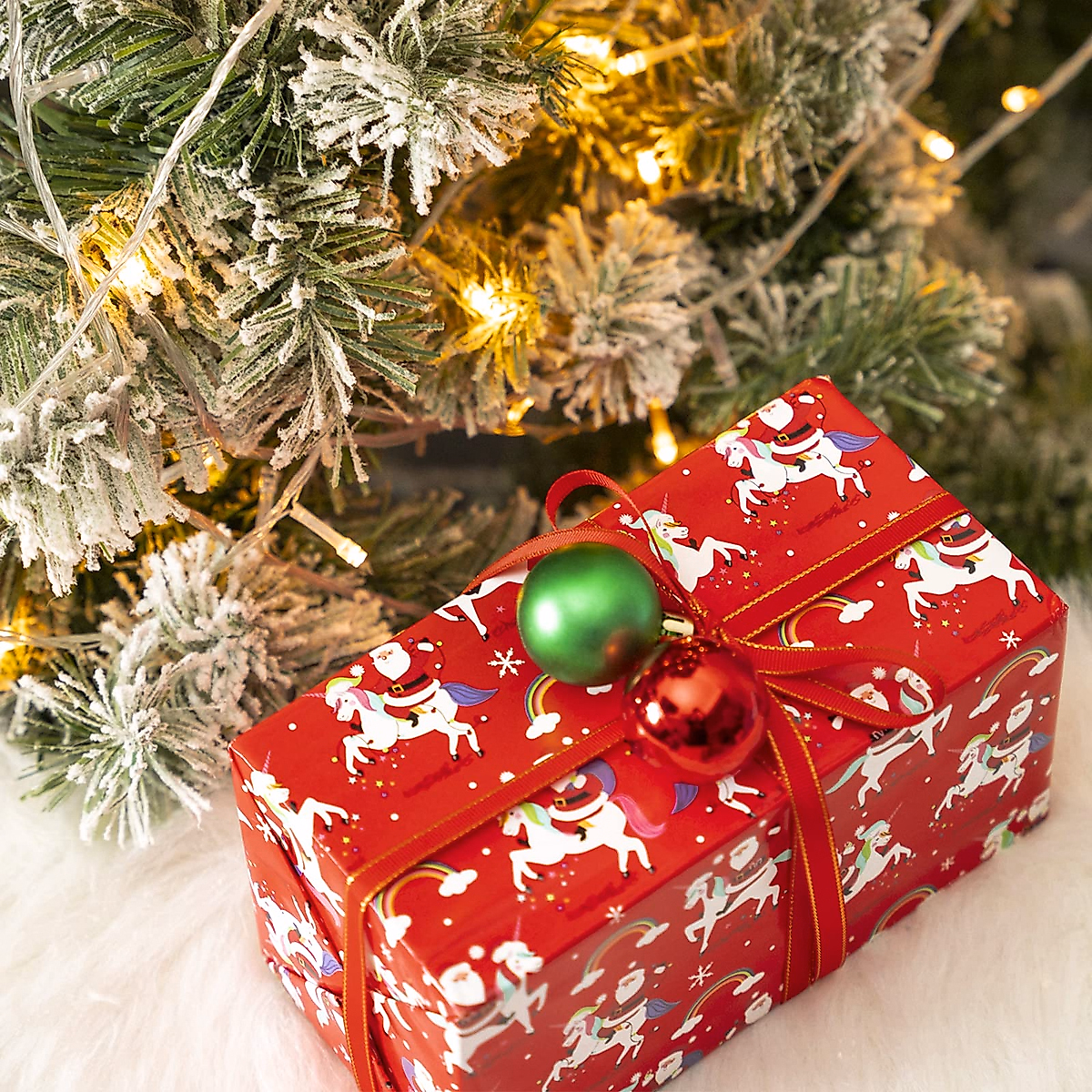 WRAPAHOLIC Reversible Christmas Wrapping Paper - Mini Roll - 17 Inch X 33 Feet - Red Santa Claus and Unicorn, Red and White Stripe Design for Holiday, Party, Celebration