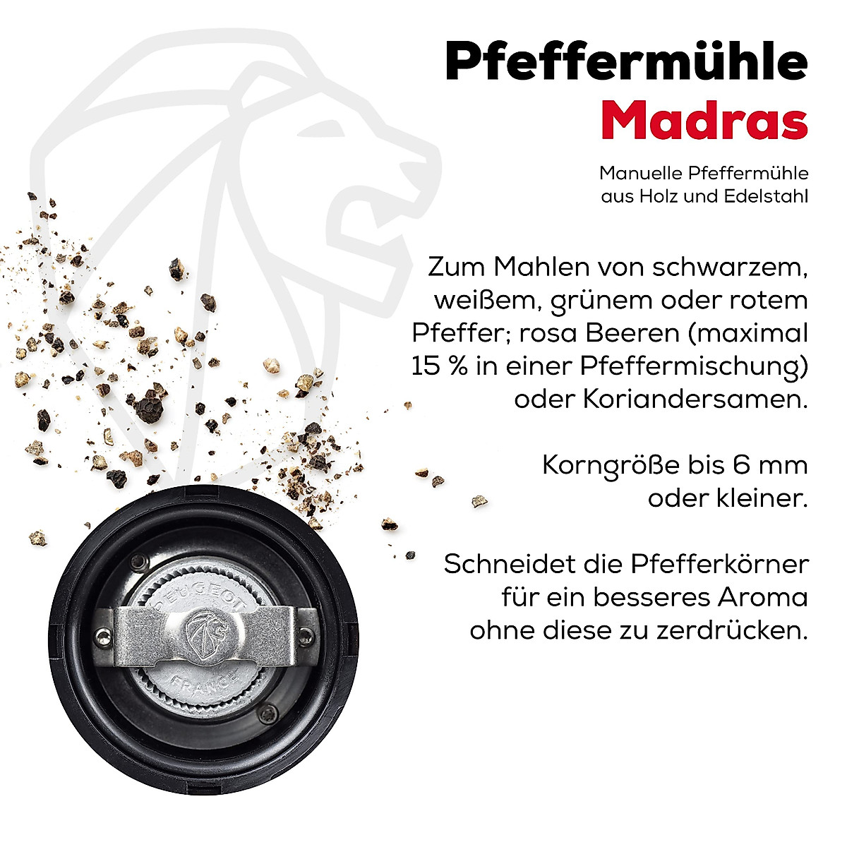 Peugeot - Madras u'Select Manual Pepper Mill - Adjustable Grinder - Stainless Steel & Beechwood, Graphite