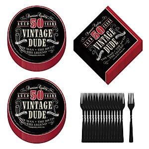 Vintage Dude 50th Birthday Party Supplies - 50th Milestone Dessert Plates, Napkins, and Forks (Serves 16) - Old Man Vintage Party Tableware