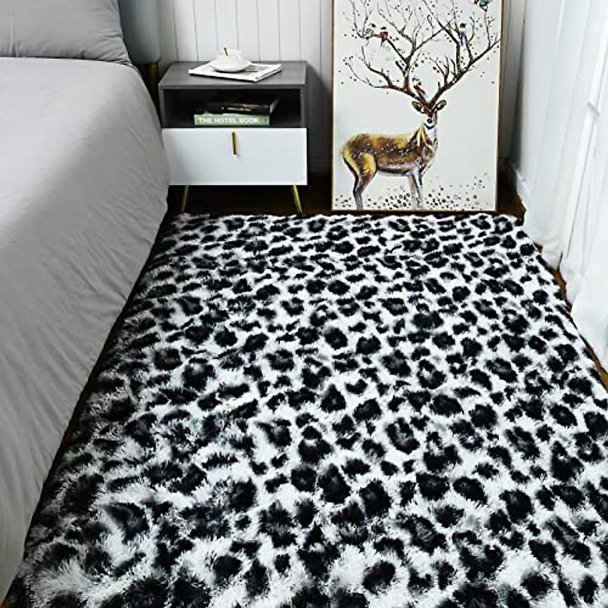 BENRON Soft Leopard Rug Black 4x6 Ft Leopard Print Rugs for Bedroom Living Room Decor Plush Animal Rugs for Kids Girls Nursery White Black Leopard Print