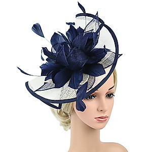 Z&X Navy Blue And White Fascinator Hat Sinamay Feather Floral Derby Hat For Women, Fascinator 1- Navy Blue+White, ONE SIZE