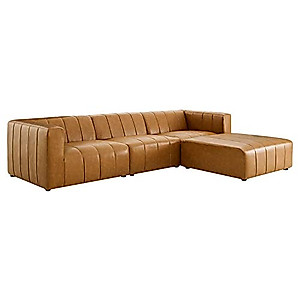 Modway Bartlett Channel Tufted Vegan Leather, 4-Piece with Chaise, Tan-4-Piece