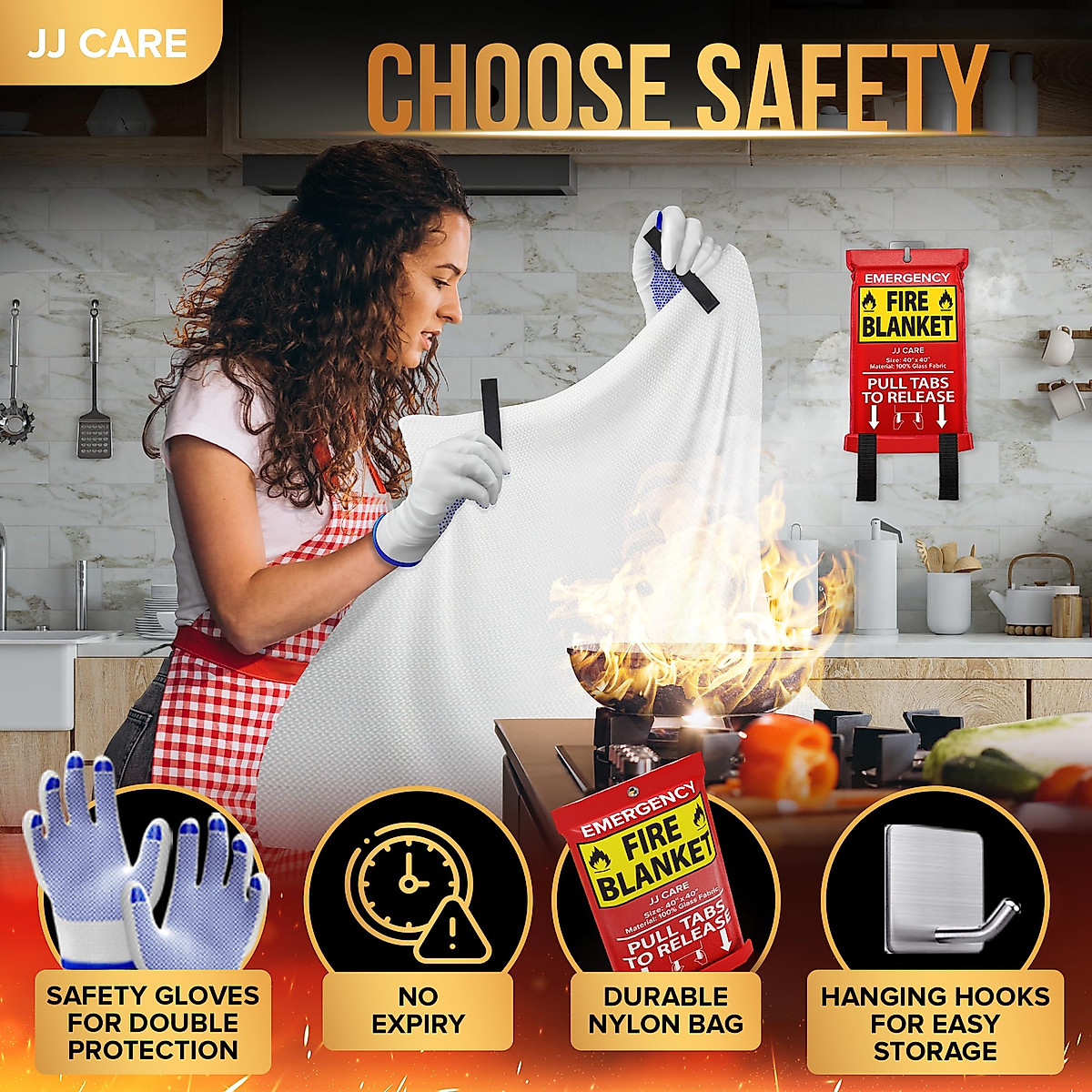JJ CARE Fire Blanket – 5 Packs with Hooks and Gloves – Emergency Fire Blanket for Home & Kitchen, High Heat Resistant Fire Suppression Blankets for Home Safety, Kitchen, and Camping