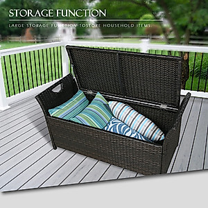 PATIO TREE 40 Gallon Outdoor Storage Bench Rattan Deck Box Patio Steel Frame Wicker Storage Container with Cushion, Red NPT-900004