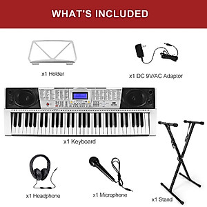 MUSTAR 61 Key Piano Keyboard, MEKS-400 Electric Piano Keyboard with Lighted Up Keys, Learning Keyboards Piano for Beginners, Piano Stand, LCD Screen, Headphones, Microphone, Kids Birthday Gifts