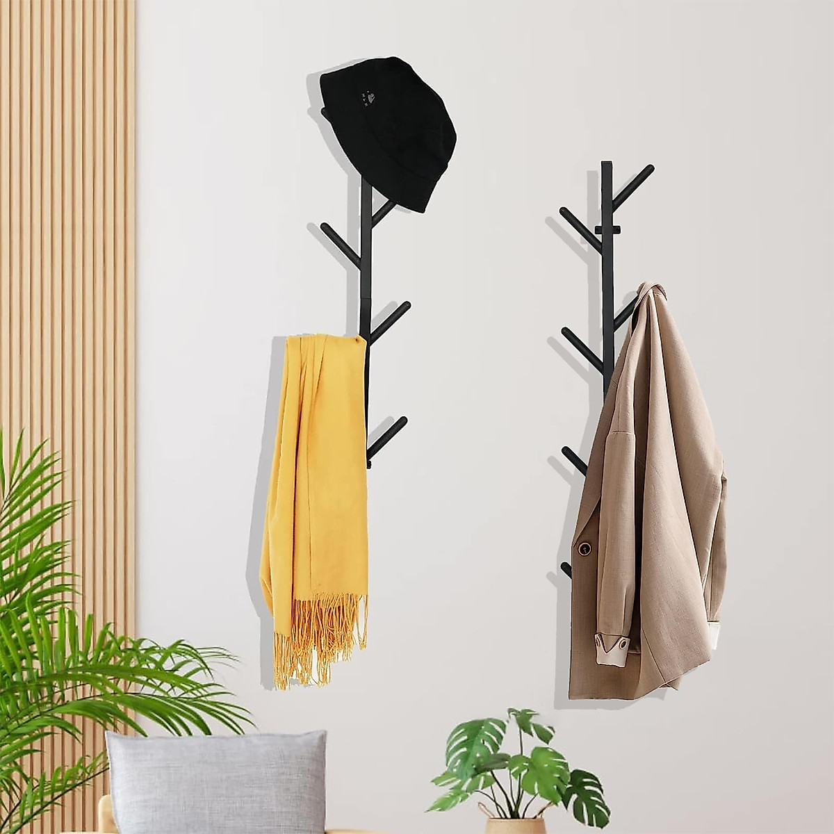 Vertical Coat Rack Wall Mount 2 Pack , Black Hat Rack for Wall with 16 Hooks, Hat Hooks, Wall Mounted Coat Hooks Organizer for Clothes Bags Scarves, Floating Coat Rack for Entryway Bedroom Living Room