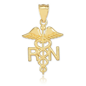 American Heroes Polished 10k Yellow Gold Caduceus RN Charm Registered Nurse Pendant Necklace, 18"
