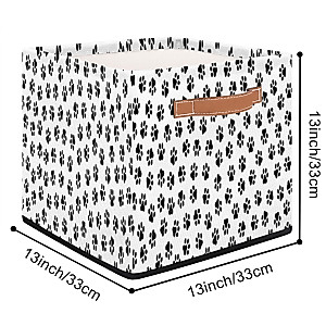 Yzrwebo Black Paw Print Fabric Storage Bins for Organizing Cat Dog Paw Print Large Storage Basket with Handles Cube Collapsible Organizer Bins for Shelves Closet Decor Toys Clothes Cubby 13"x13"x13"