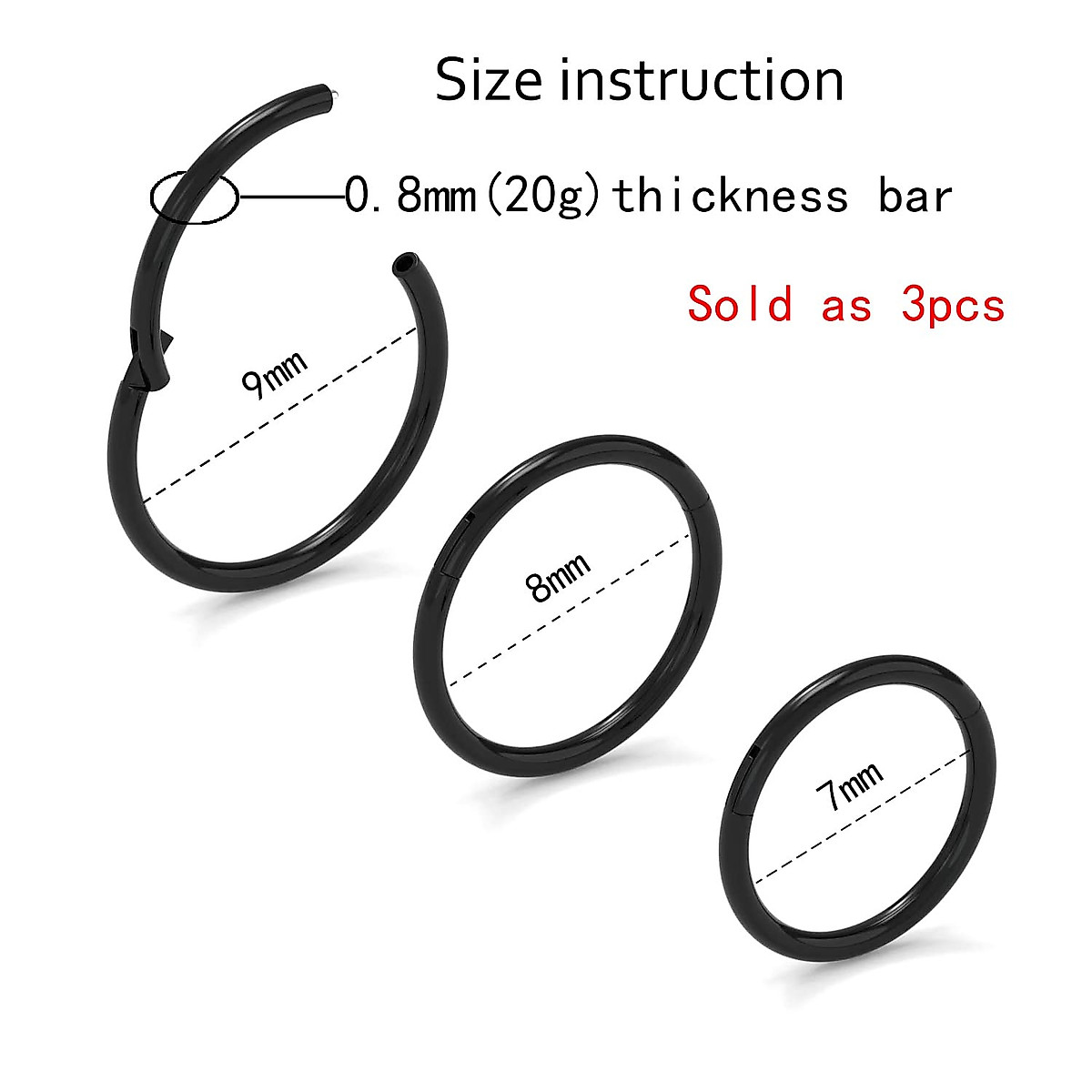 NewkeepsR 3PCS-0.8mm Black Anodised Hinged Clicker Nose Hoop Rings, 20 Gauge 316L Steel Seamless Segment Sleeper Earrings Piercing-7/8/9mm
