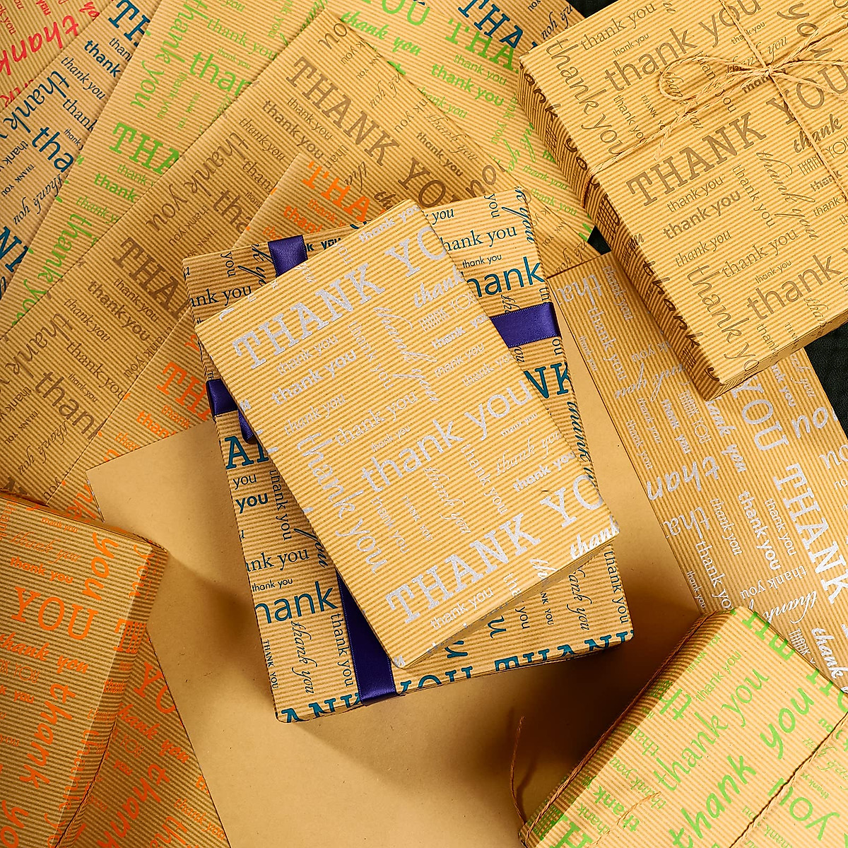 Packanewly Wrapping Paper - 6 Folded Kraft Sheets with DIY Sticker, Ribbon, Tape - Word Thank You Design Gift Wrap Sheet - 19.6 x 27.5 inches per Sheet