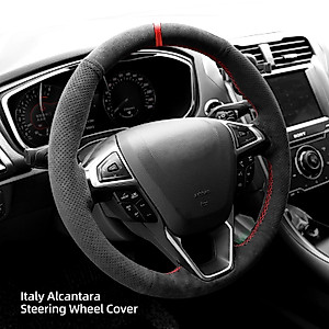 Alfanxi Hand Stitch Alcantara Steering Wheel Cover Compatible with Ford Edge Fusion Energi Hybrid Galaxy Mondeo S-MAX 2014-2020 (Red Stripe)