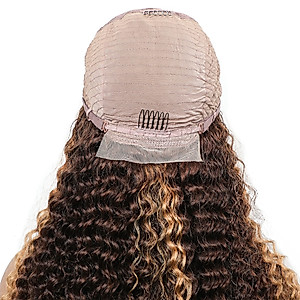 BLY Highlight Human Hair Lace Front Wigs Deep Wave #4/27 Ombre Colored Glueless Wigs Pre Plucked 18 Inch 4x4 Transparent Curly Water Wave Lace Wig Honey Blonde Real Human Hair 180% Density