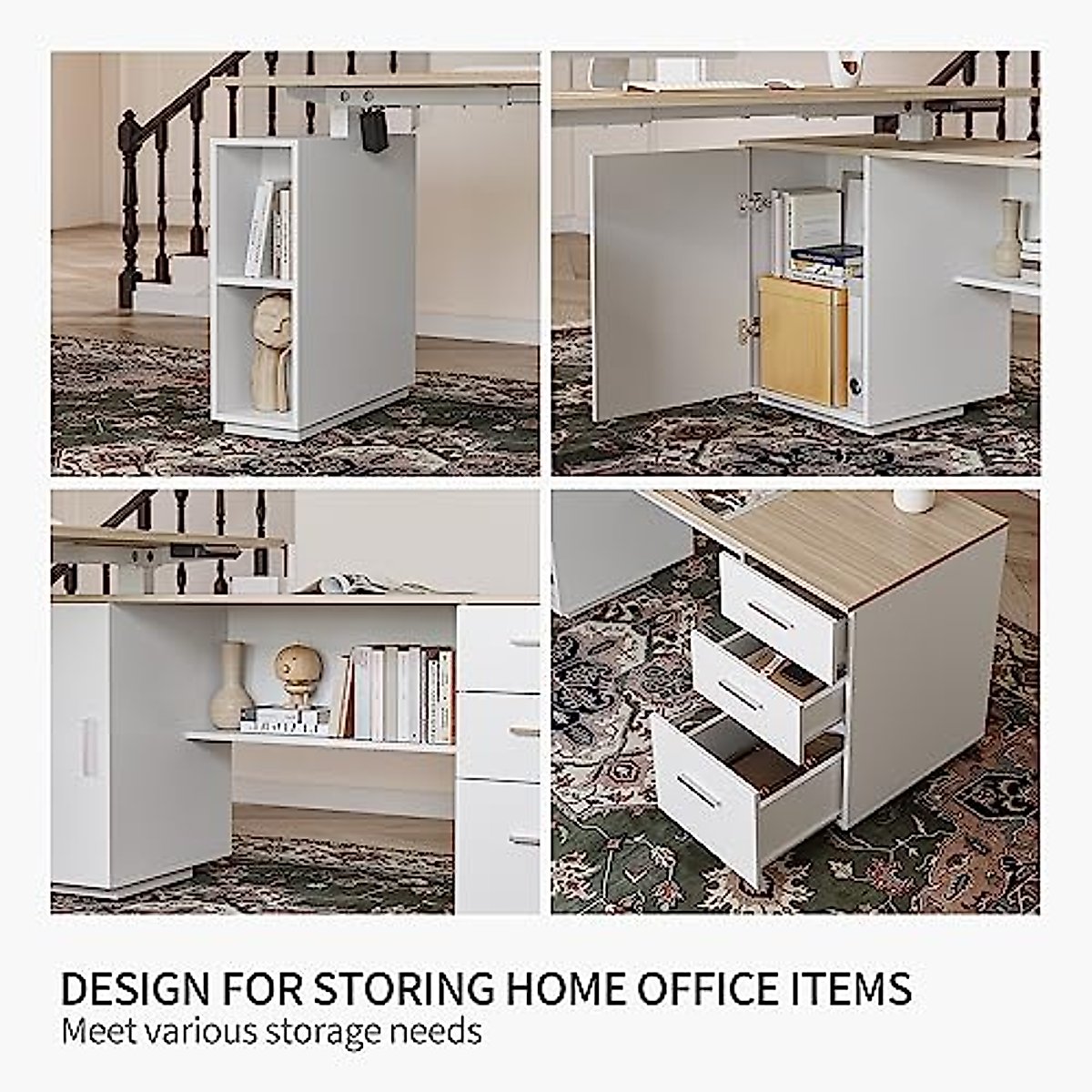 CubiCubi 63" L Shaped Executive Standing Desk with 3-Drawer File Cabinet, Electric Height Adjustable Stand up Desk for Home Office, Computer Desk with Storage Cabinets, White Frame/Light Walnut Top