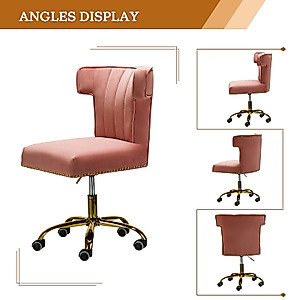 HULALA HOME Velvet Office Chair with Wingback and Decorative Nailhead, Adjustable Swivel Modern Armless Desk Chair, Cute Vanity Chair for Women (Gold Base, Fushia)