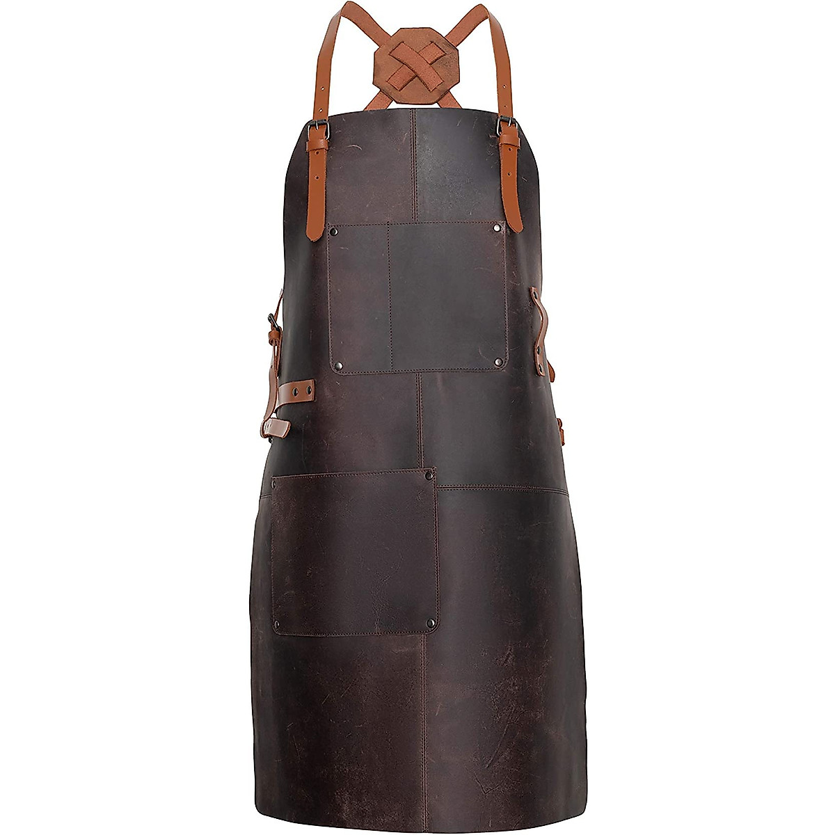 Theodore Top Grain Leather Apron - 32.5” H x 24.5” W with Adjustable Crossback Leather Straps. Our Leather Apron for Men has 2 Large Pockets and a Towel Strap. Grill Apron is Flame & Heat Resistant