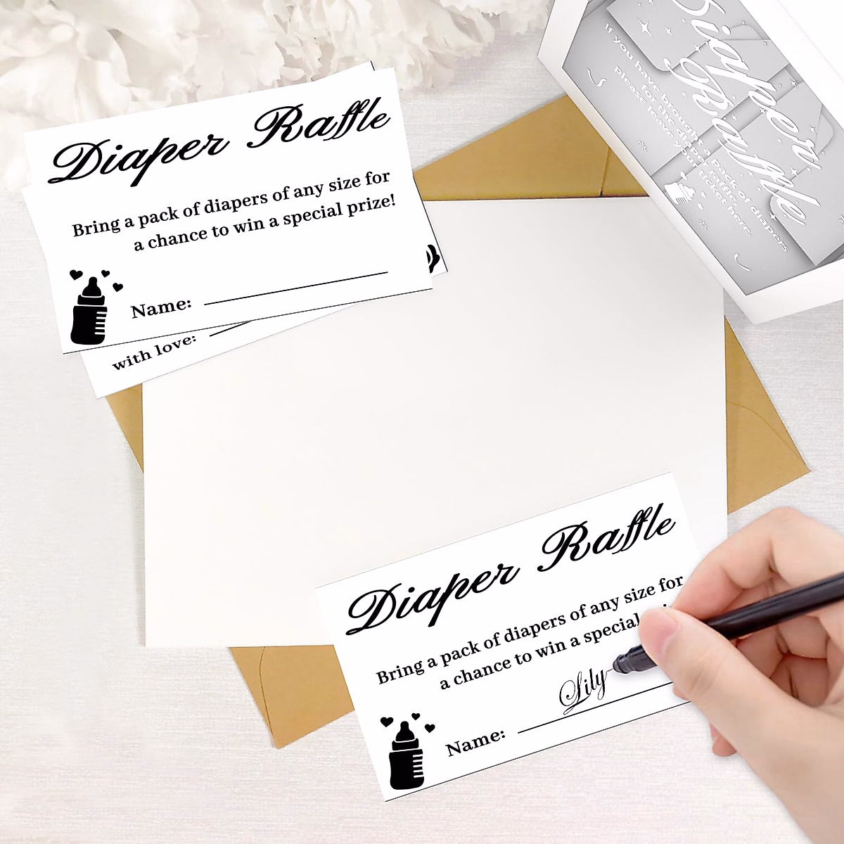WNINK 50 Pcs Diaper Raffle Tickets with Box for Baby Shower, Diaper Raffle Card Gender Reveal Diaper Raffle Card Box for Baby Shower Games Diaper Raffle Box Party Decorations Table Centerpiece (White)