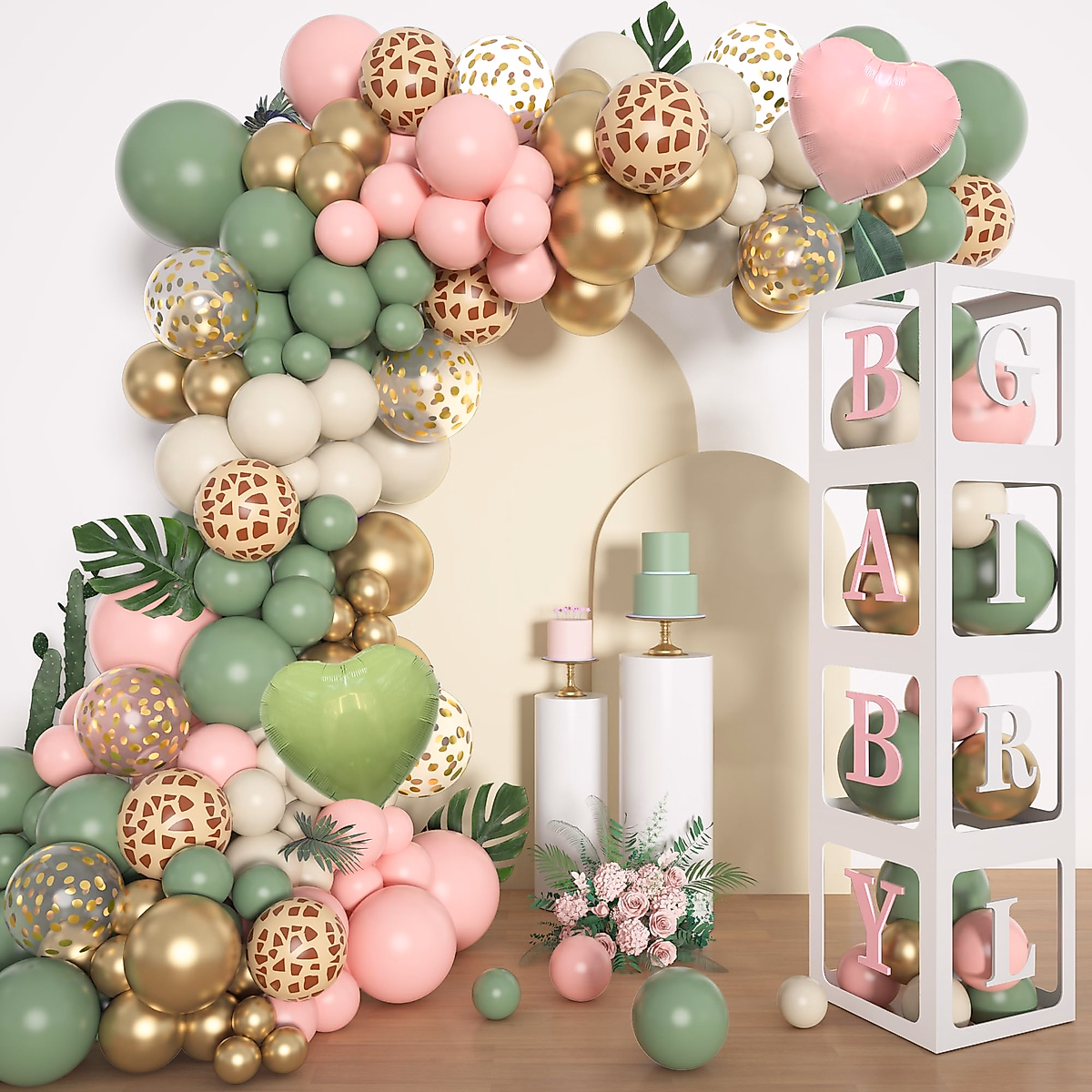 Amandir Baby Boxes Sage Green Baby Shower Decorations for Girl, Pink Gold Sage Green Balloon Arch Baby Blocks Letters Animal Jungle Safari Balloons Gender Reveal Two Wild One Birthday Party Supplies