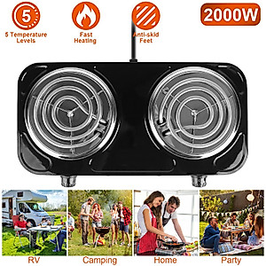 Countertop Burner, Electric Double Burners 2000 Watts, Hot Plate Cooktop with 5 Temperature Control, Non Slip Rubber Feet, Portable Coil Heating Stove Countertop RV Hotplate for Home or Dorm(Black 2)