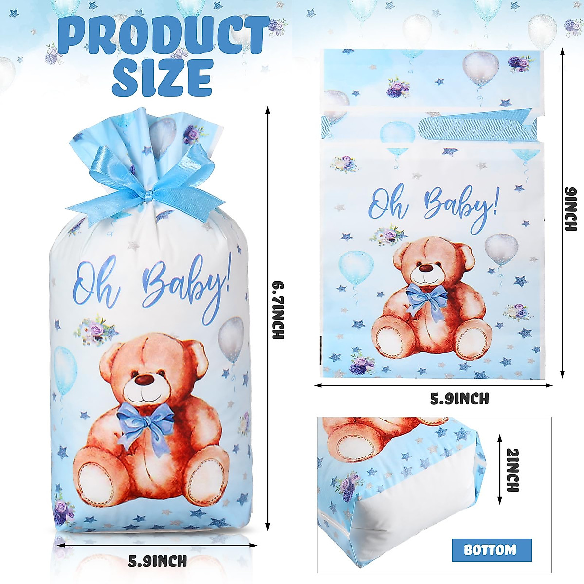 Chiisong 50 Pcs Baby Shower Treat Bags with Bow Plastic Baby Drawstring Candy Goodie Bags Baby Shower Party Favor Gift Bags for Boy Girl Birthday Gender Reveal Party 9 x 6 x 2 Inch(Bear)