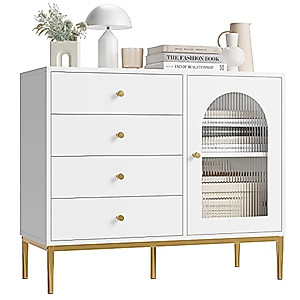 finetones White Dresser, Modern Dresser White and Gold Dresser with Waveform Glass Door and Gold Metal Legs, Gold Dresser Storage Chest of Drawers for Home