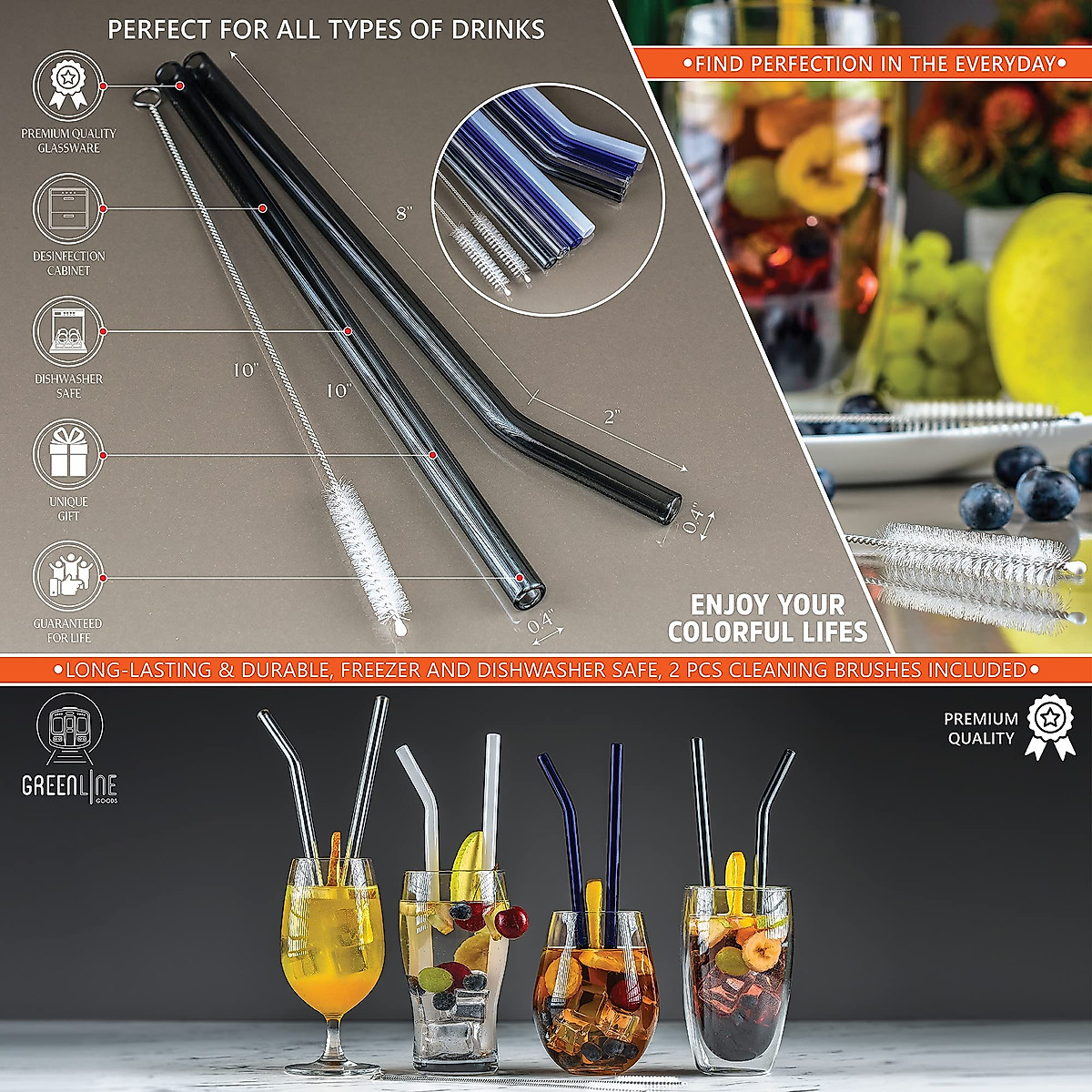 Reusable Glass Straw Set | 8 Multi Color Straws with 2 Cleaning Brushes | 4 Eco Friendly Bent Glass Straws and 4 Straight Glass Tube Straws | Zero Waste Drinking Straws | Dishwasher Safe