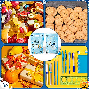 Haooryx Bule Little Boo Favor Bags, 50Pcs Halloween Little Ghost Plastic Gift Bag Birthday Party Gift Warp Goodie Candy Treat Bags for Halloween Party Kids Boys Birthday Baby Shower Party Favor Supply