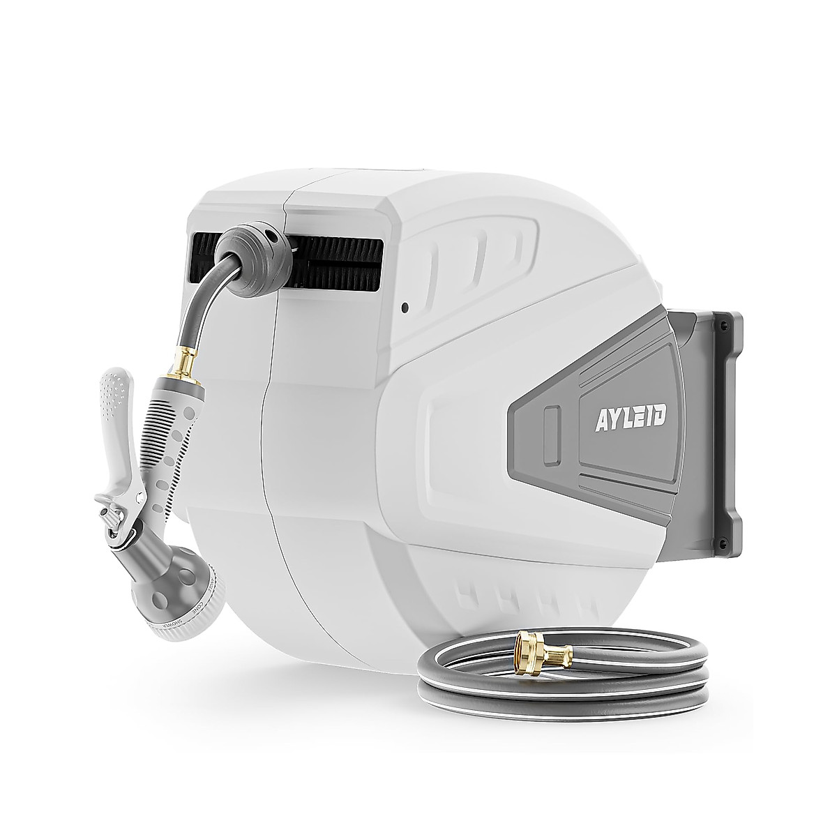 Ayleid Retractable Garden Hose Reel,5/8 in x 100 FT Wall Mounted Hose Reel, with 9- Function Sprayer Nozzle, Any Length Lock/Slow Return System/Wall Mounted/180°Swivel Bracket (Grey)