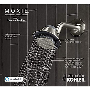 KOHLER Moxie Alexa Enabled Showerhead, Bluetooth Shower Speaker, Shower Radio, Rechargeable Speaker, Portable Speaker, 2.5 GPM, K-28238-NKA-BN, Vibrant Brushed Nickel