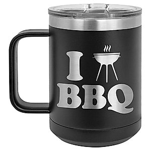 I Love BBQ B BLACK 15 oz Coffee Cup w/Slide Top Lid | Insulated Travel Coffee Mug | BBQ & Grilling Gift Idea For Men Who Have Everything, Dad & Grandpa | Compare To Yeti Rambler | ONLYGIFTS.COM
