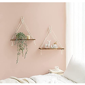 Mkono Macrame Wall Decor 4 Piece Set, 2 Pcs Macrame Wall Hanging Art Boho Wall Decor and 2 Pcs Hanging Shelves Wood Floating Storage Shelf for Bedroom Bathroom Living Room Nursery Dorm Room