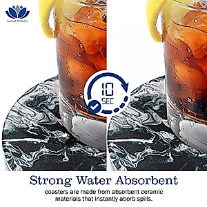 Coasters for Drinks, Round Absorbent Ceramic Stone Coasters Set of 6 with Cork Base, Funny Drink Coasters with Holder for Cold Drinks Wine Mugs and Cups Tabletop Protection, 4 Inches (Black)