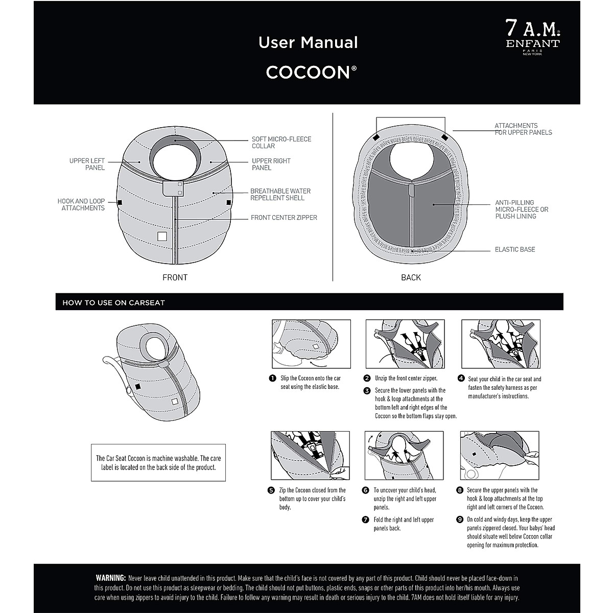 7AM Infant Car Seat Cover - Winter Puffy Cover with Center Zipper for Baby Boys & Girls, Lightweight, Windproof & Water-Repllent Outer Shell, Universal Fit for Infant Car Seat | (0-12M)