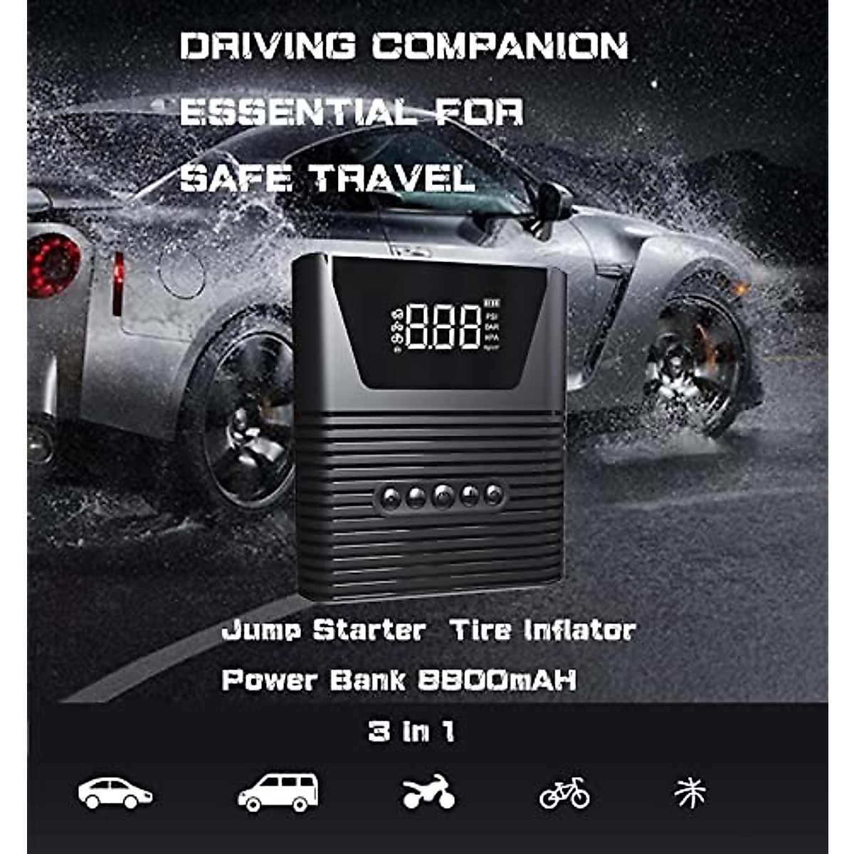 Usetify Car Battery Jump Starter with Tire Inflator Air Compressor Air Pump Inside [Fast Inflate 150PSI] [8800mAh Strong Power] for Car Motorcycle Bicycle Ball, 12V Emergency Auto Battery Booster