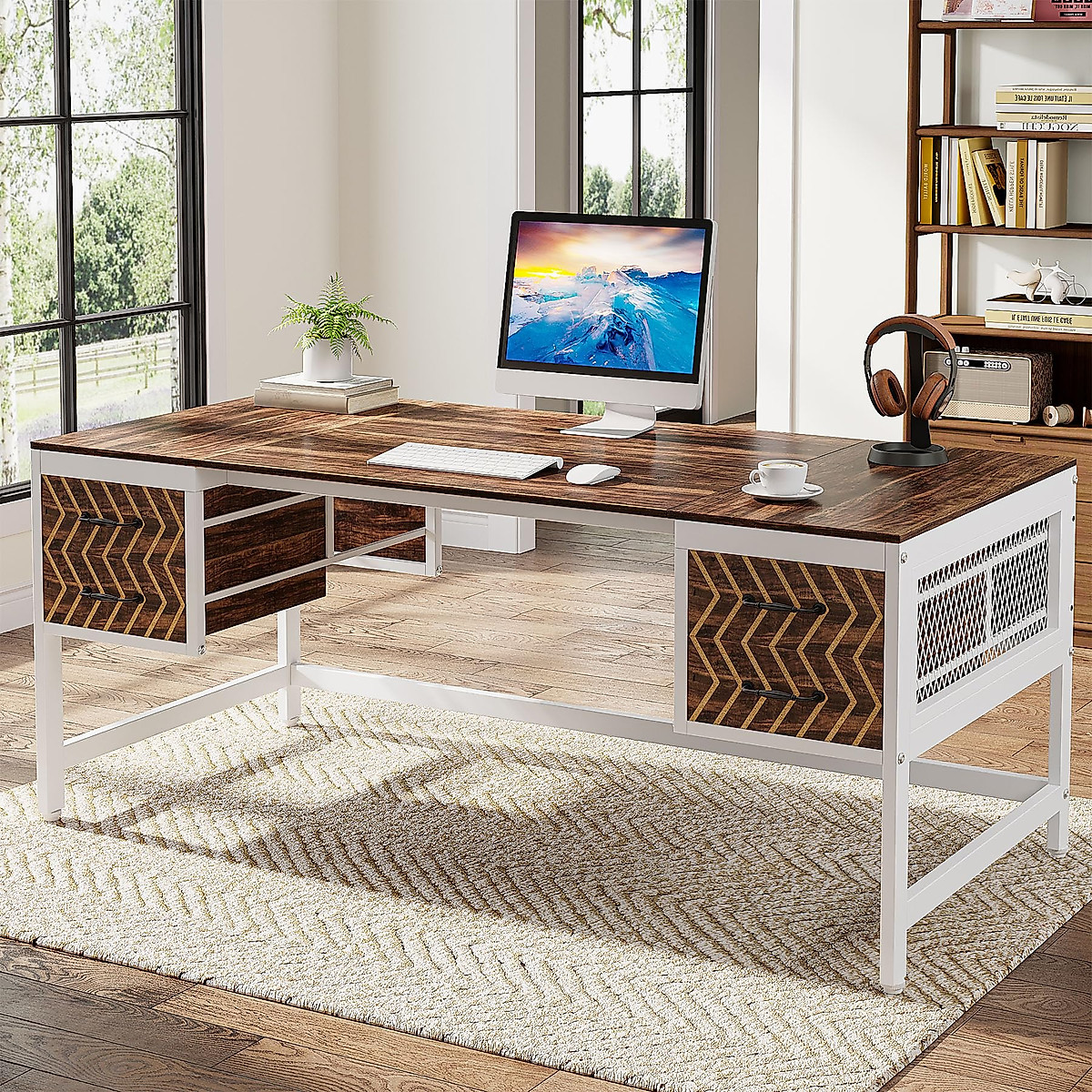 Tribesigns Computer Executive Desk with Drawers: Wood 63" Computer Desk with 4 Storage Drawers, Farmhouse Study Writing Table, Herringbone Business Furniture for Home Office, Brown and White
